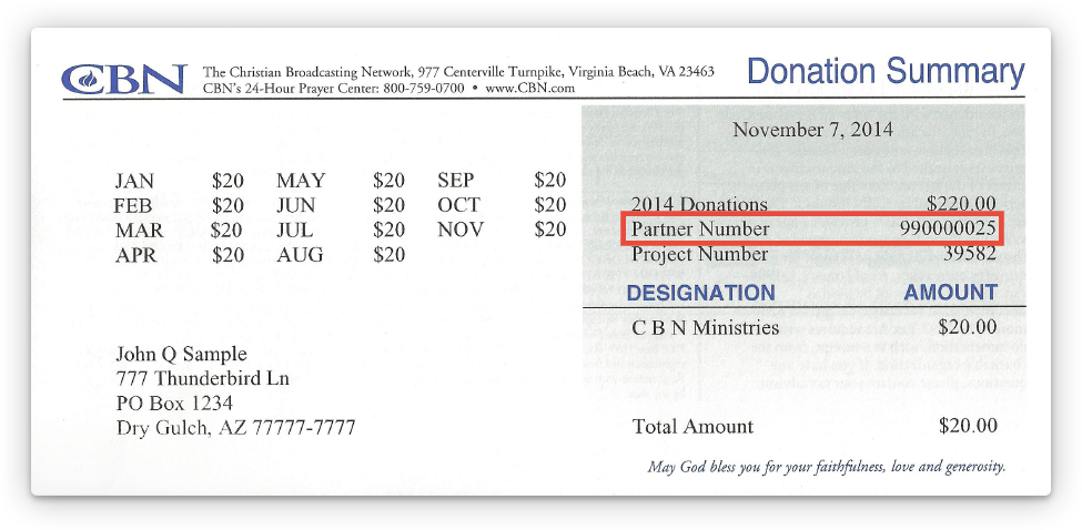 Your partner number can be found on the Donation Summary you received ...