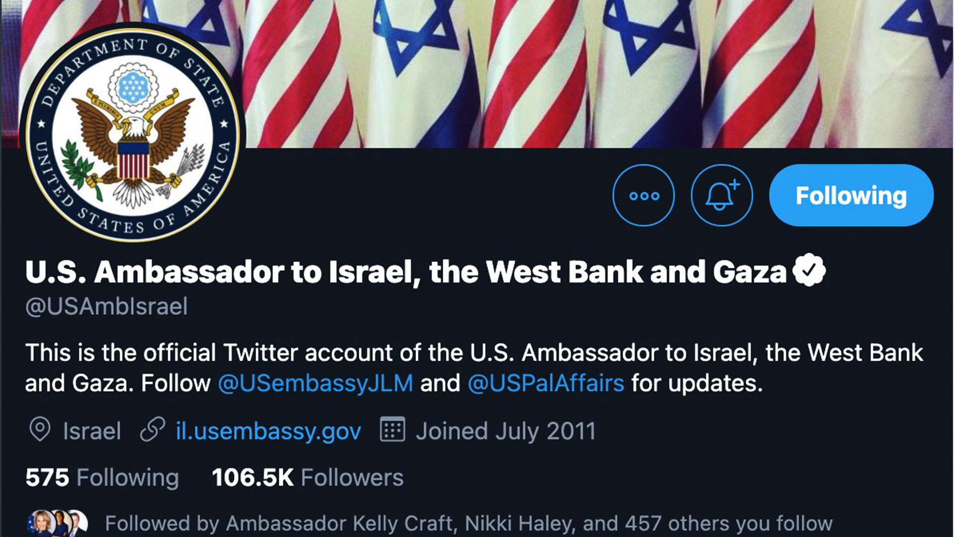 US Ambassador to Israel Twitter Account Temporarily Includes West Bank ...